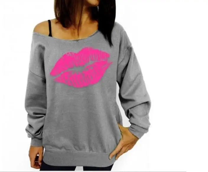 Fashion Hot Women Sweatshirts Sexy Lips Print Oversized Off Shoulder ...