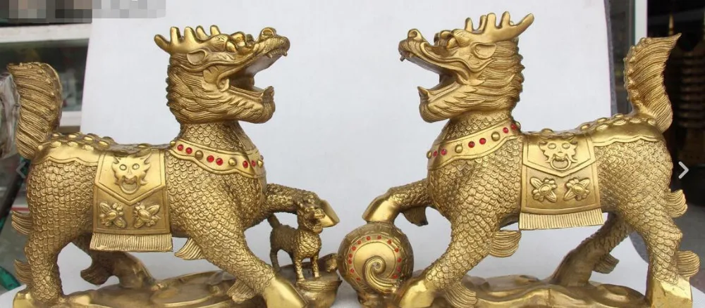 12" Chinese Fengshui Pure Bronze Dragon Kylin Chi-lin Qilin Unicorn ...