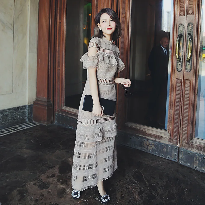 Ky&Q Sexy Women See Through Long Dresses 2018 Summer Ruffle Apricot ...