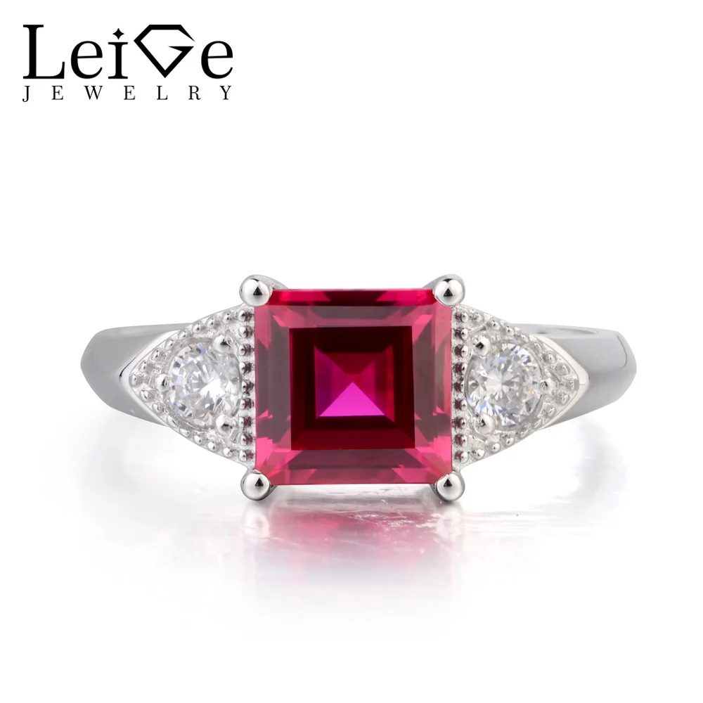 Leige Jewelry Red Ruby Ring Anniversary Ring July Birthstone Square Cut ...