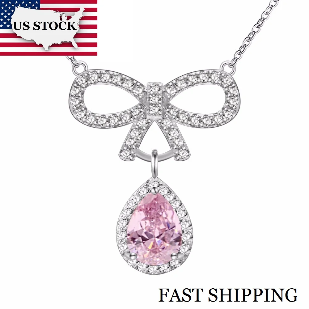 Us Stock Bowknot Necklaces & Pendants Pink Crystal Water Drop Necklace Women Suspension Pendant ...