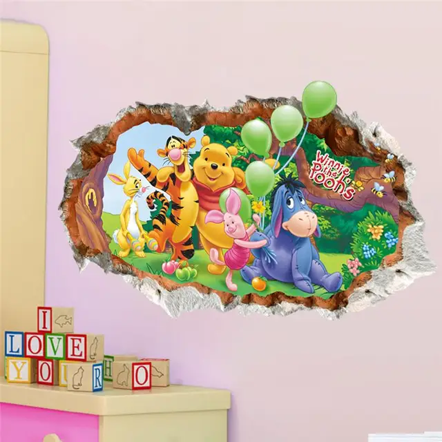 Winnie The Pooh Bear Wall Stickers For Kids Room Home Decoration 3d Broken Hole Cartoon Animals Mural Art Pvc Wall Decals Poster Wall Stickers AliExpress