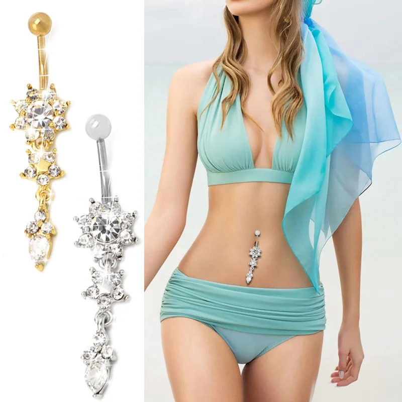 Chic Flower Rhinestone Dangle Navel Belly Button Ring Bar Body Piercing