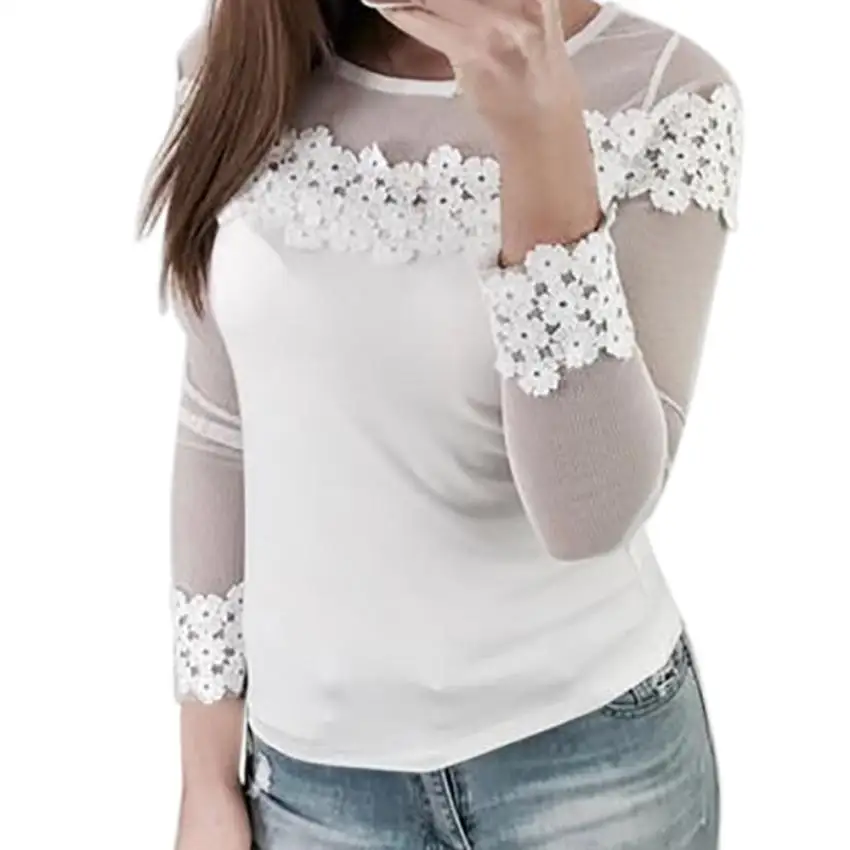 Jaycosin 2018 Mesh Lace Patchwork Elastic Pullover Long Sleeve Crop