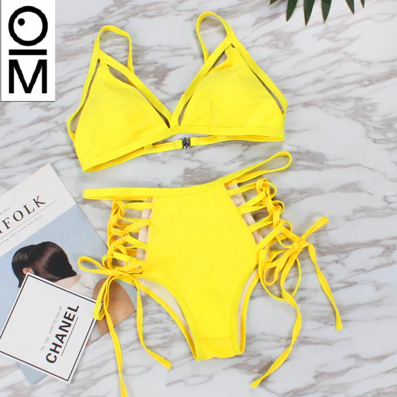 Om Sexy Bandage Bikini Women Push Up Swimwear High Waist Solid Swimsuit