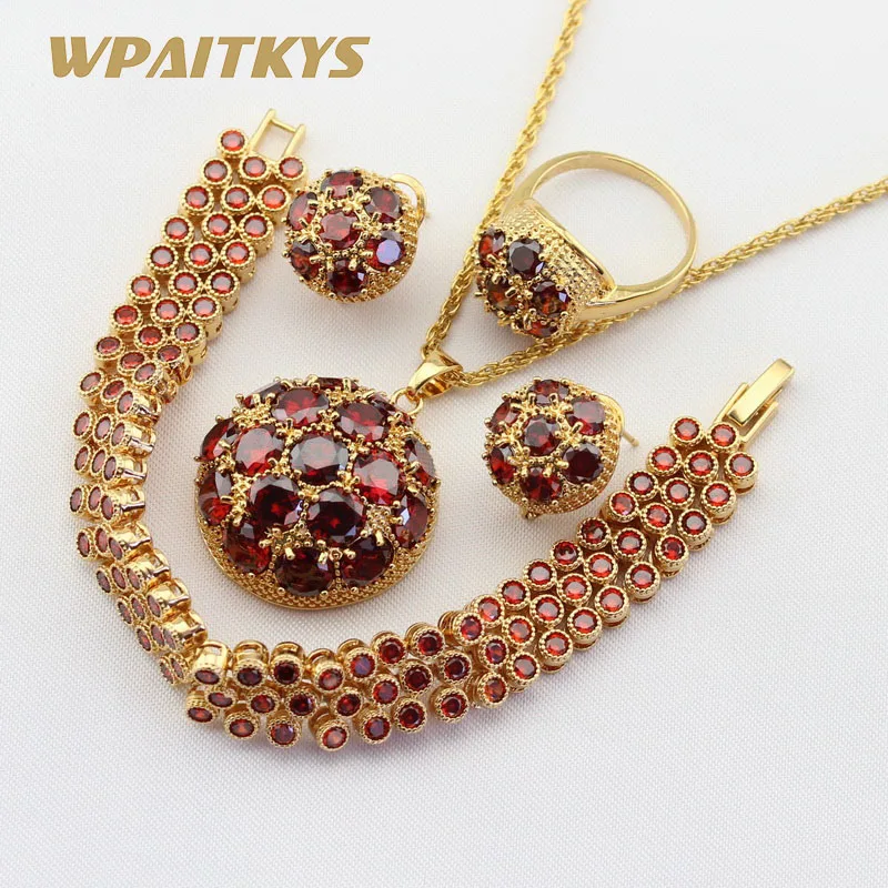 18K Gold Color Jewelry Sets For Women Red Zircon Bracelet Hoop Earrings ...