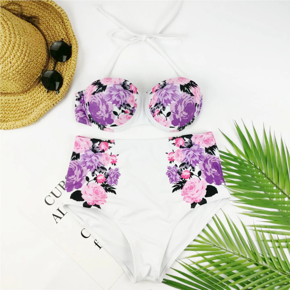 High Waist Bikini Women Floral Print Swimwear Push Up Swimsuit Bandeau