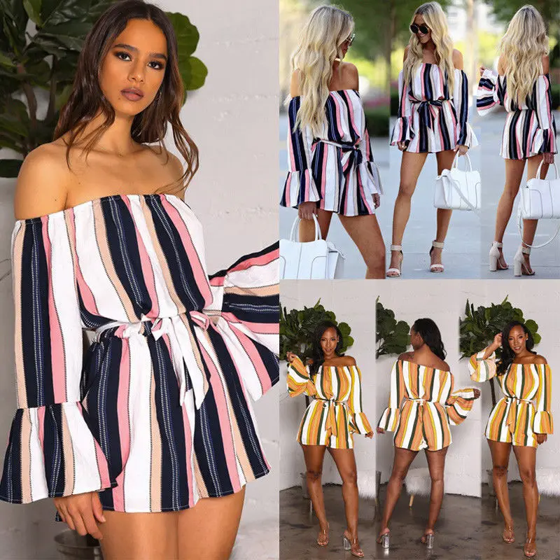 Women Playsuit Flare Long Sleeves Off Shoulders Bandage Beach Rompers ...