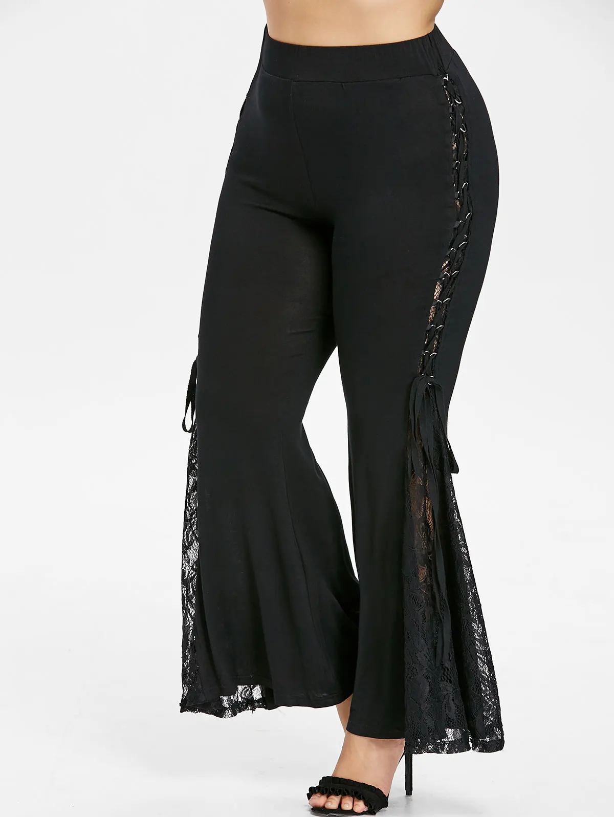 Gamiss Big Size Lace Up Flare Pants Plus Size Women Bottoms Causal High