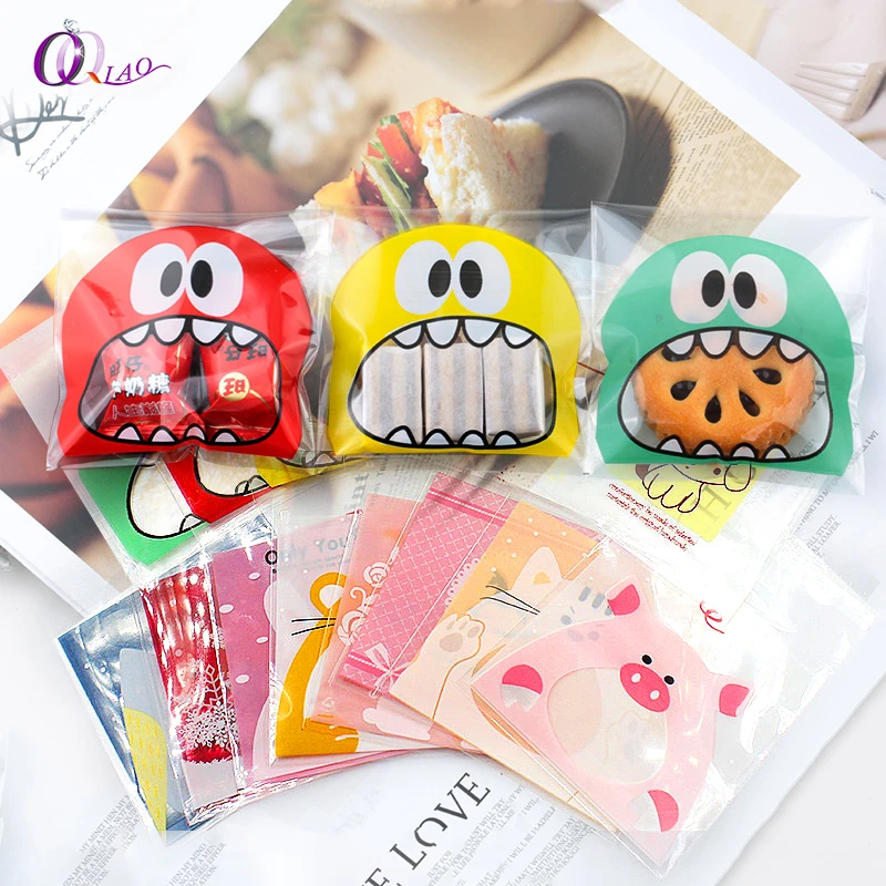 100pcs Cookie Candy Bag Cute Cartoon Self-adhesive Plastic Packing Bag ...