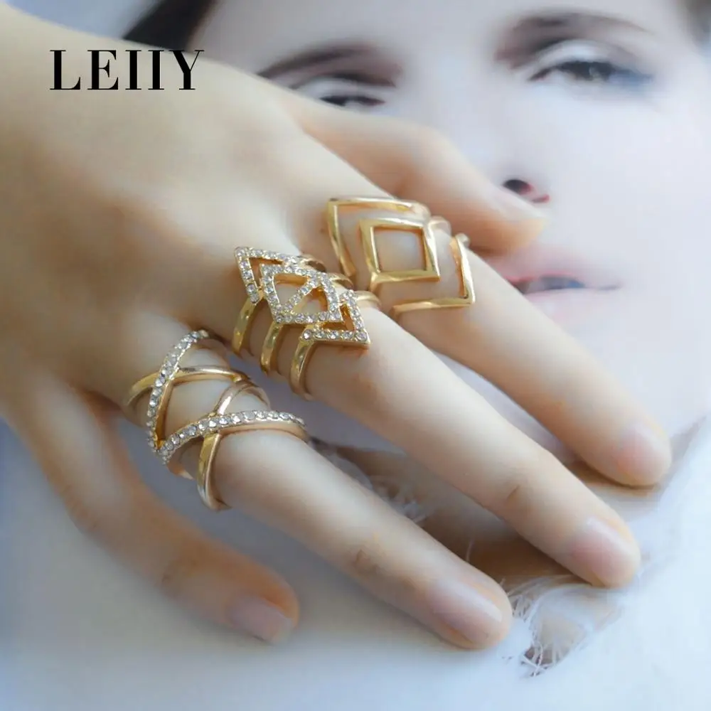 Trendy Punk Style Silver/Gold color Multilayer Geometric Ring Set Full ...