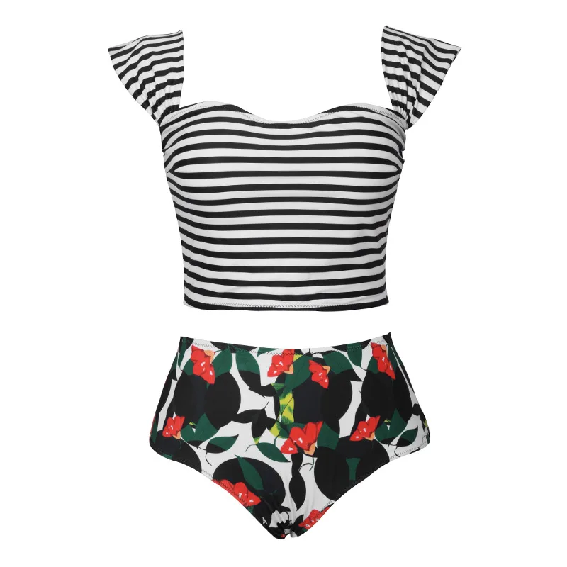 Cupshe Women Stripe Top Floral Bottom High Waisted Swimsuit Brazilian
