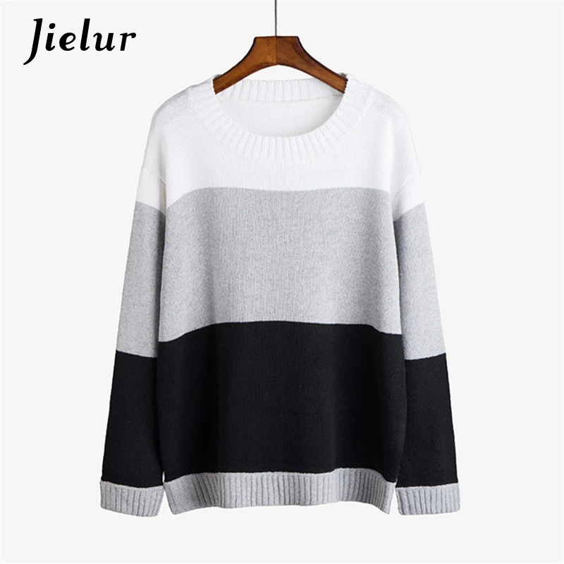 Black Gray White Striped Sweater for Women Fashion Hit Color Knitted ...