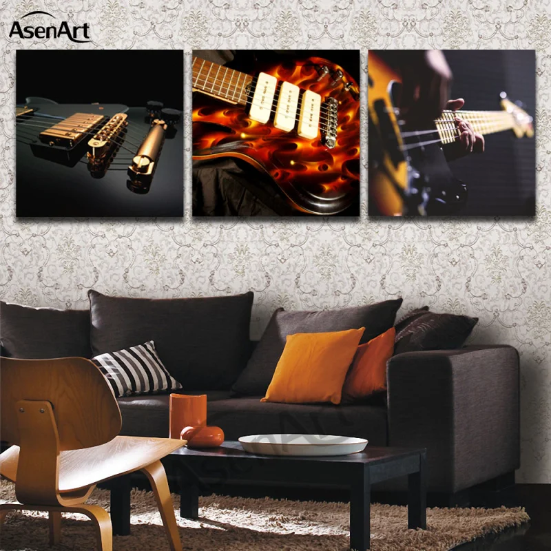 Beautiful Guitar Golden Instrument 3 Piece Canvas Wall ArtArt for ...