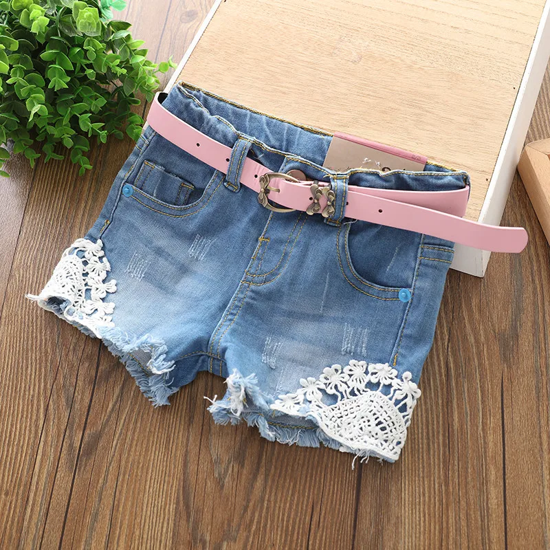 Fashion Girls 2018 Summer Denim Shorts Kids Flower embroidery Belt ...