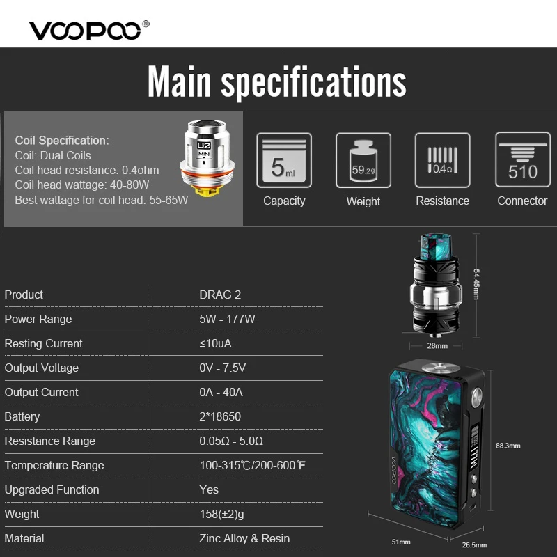 Original Voopoo Drag 2 Vape Kit 177W TC Mod With Uforce T2 SubOhm Tank ...