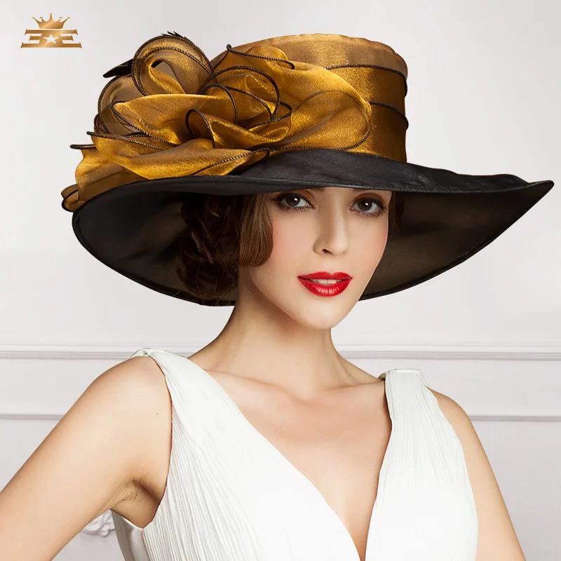 Summer Women Elegant Vintage Organza Hats Large Wide Brim Bonnet Party Wedding Kentucky Derby