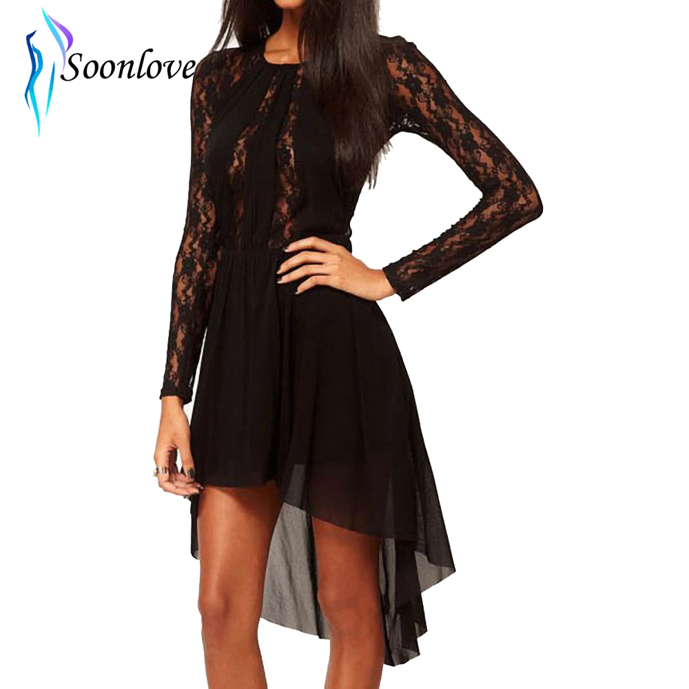 Sexy Black Cocktail Long Sleeve Sheer Chiffon Lace Women Dress High Low
