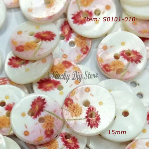 48pcs-15mm-2-holes-printed-flower-white-freshwater-shell-buttons-for ...