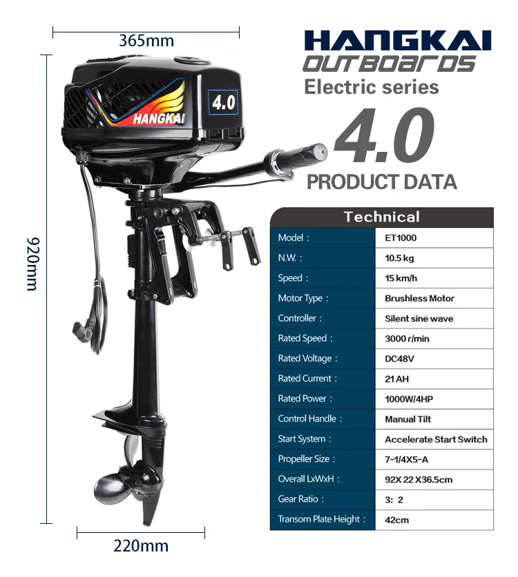 Updated New HANGKAI 4.0HP Brushless Electric Boat Outboard Motor with 48V 1000W Output Fishing ...