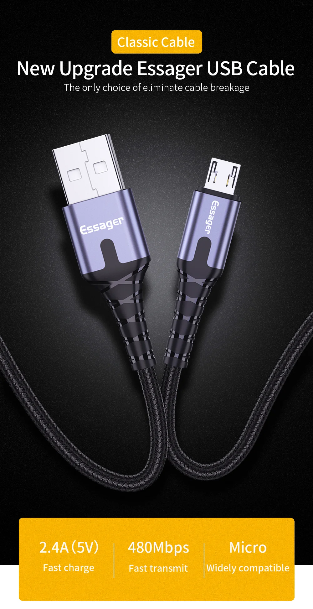 Micro USB Mobile Cable Fast Charging Nylon Braided 3M by Essager..