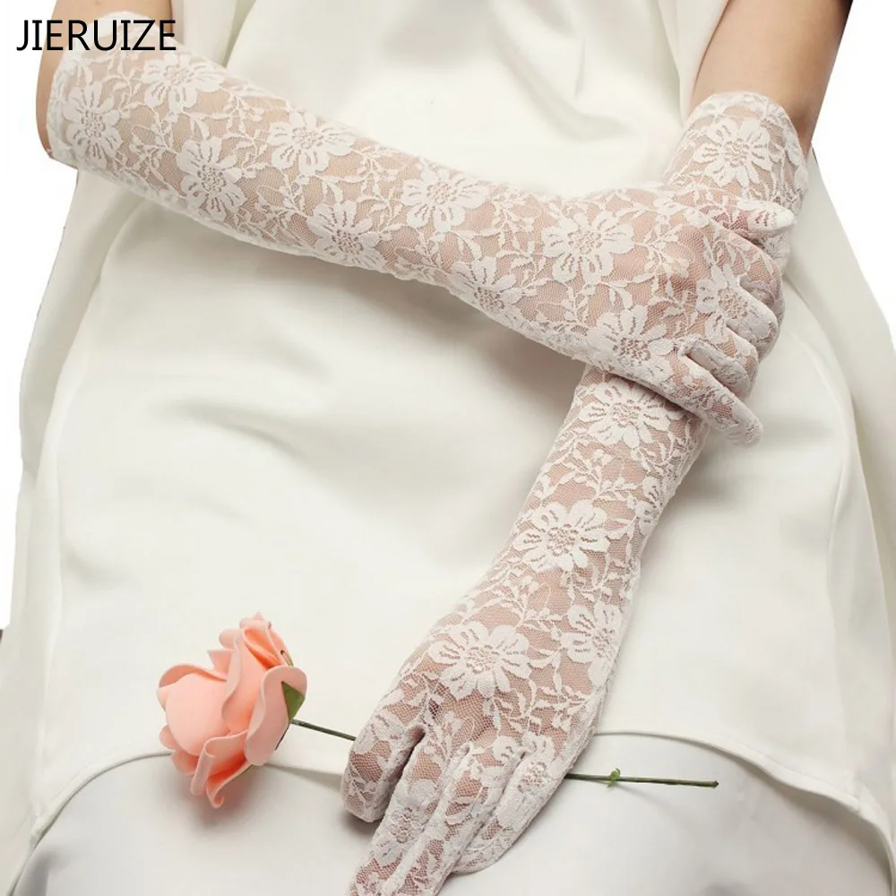 In Stock White Red Lace Bridal Gloves Elbow Length Full Finger Wedding Gloves Cheap Wedding