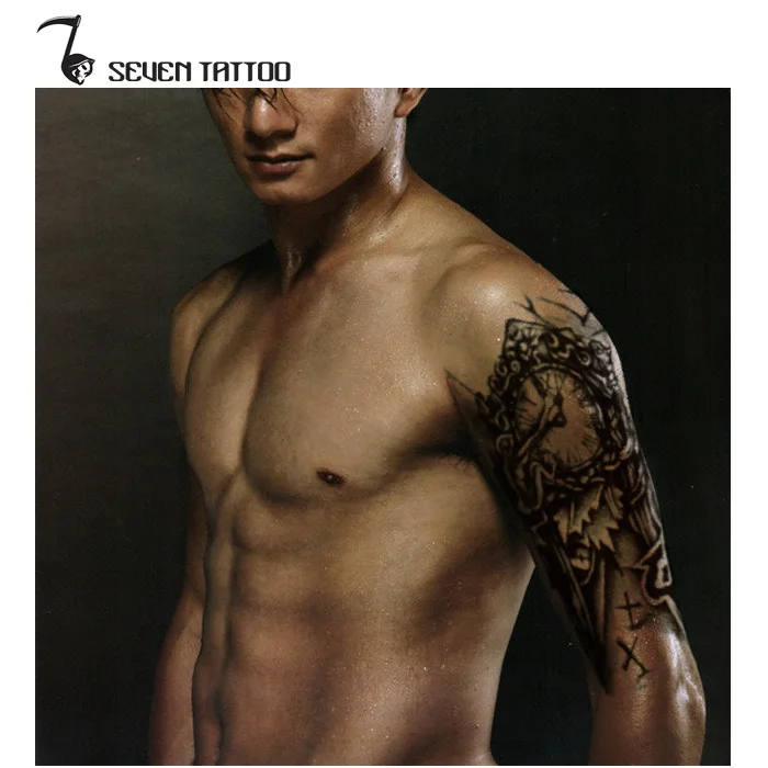 Cool Large Waterproof Tattoo Stickers With Clock Cross Design Sticking On The Arms A Sexual