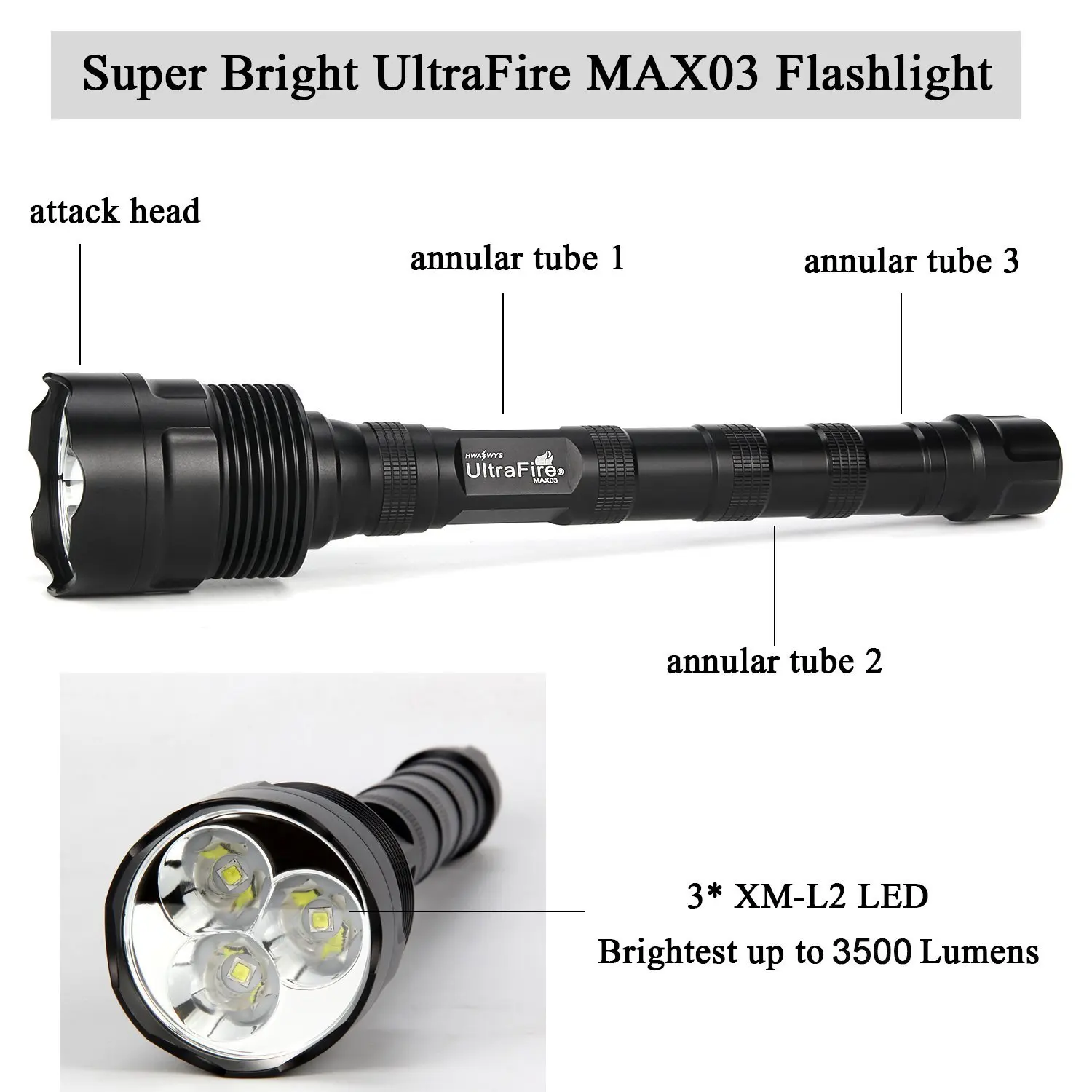 Ultrafire Cree Xm L2 3led Flashlight Lantern Hunting Tactical Switch