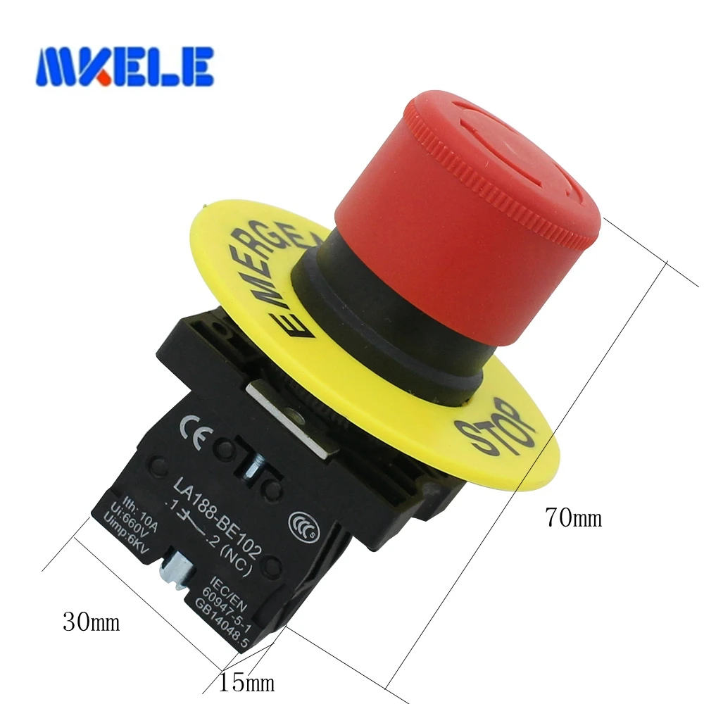30mm NC N/C Red Mushroom Emergency Stop Push Button Switch With Yellow ...