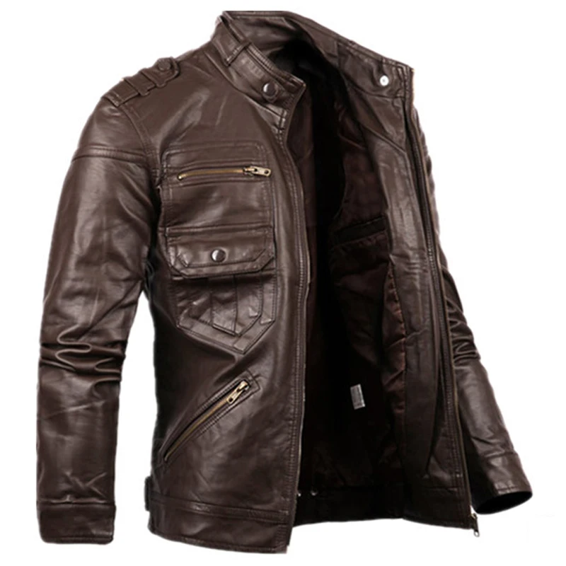 2022 New Russian Style Mens Zipper Leather Jacket And Coats Slim Fit ...