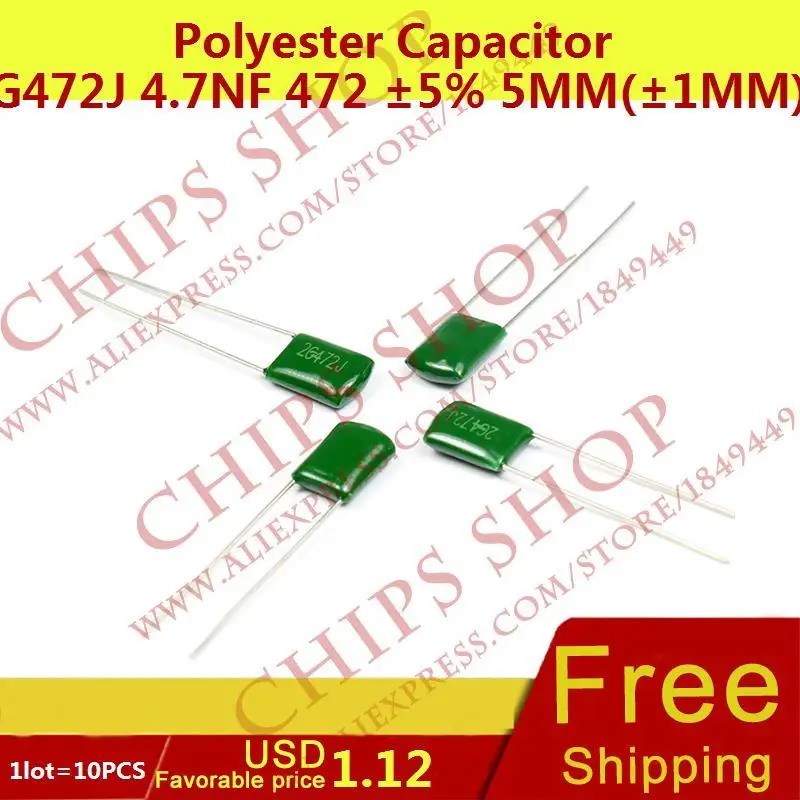 1LOT=10PCS Polyester Capacitor 2G472J 4.7nF 472 5% 5mm(1mm) 400V DIP 2 ...