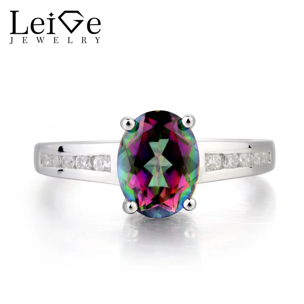 Leige Jewelry Genuine Mystic Topaz Ring Rainbow Topaz Ring Oval Cut