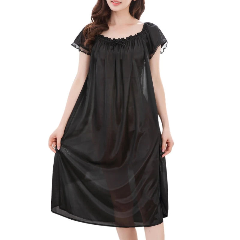 Womens Summer Lace Ice Silk Nightdress Short Sleeve Loose Plus Size
