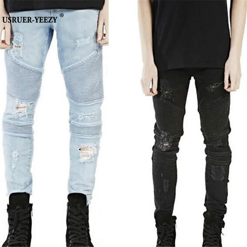 USRUER YEEZY New Destroyed Ripped Denim Biker Jeans Men's Black Hip Hop ...