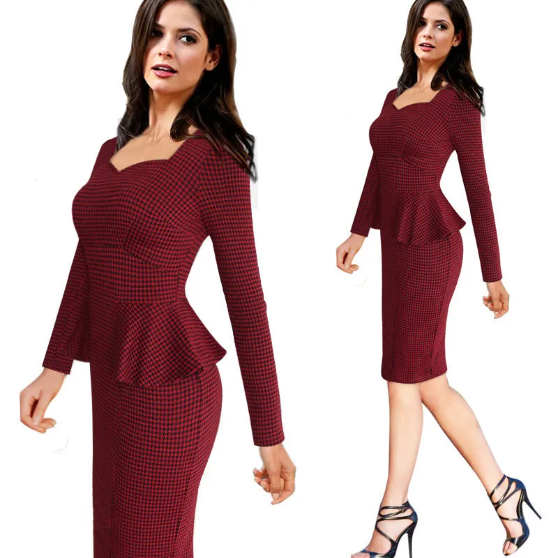 Women Office Dress 2018 Women Sheath Ruffles Spliced Slim Dress Tunic