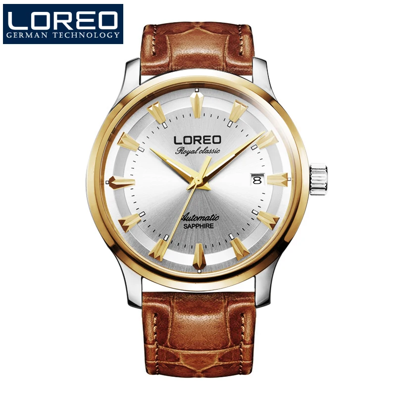 LOREO men's automatic mechanical back side hollow brown leather strip ...