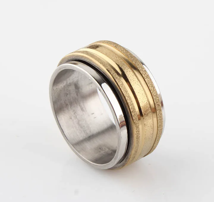 Bright titanium 1.1CM steel gold rotatable scrub jewelry ring no fading ...