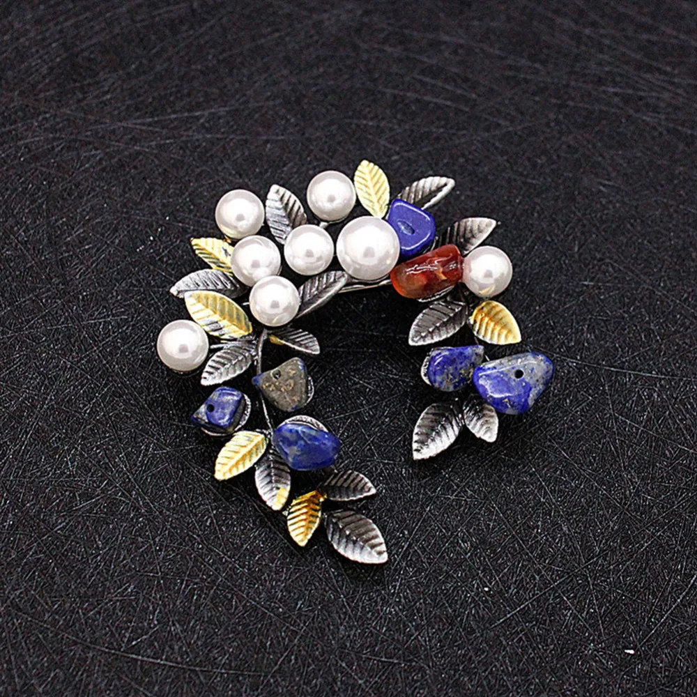 Colorful natural stone brooch brooch style vintage imitation pearl ...