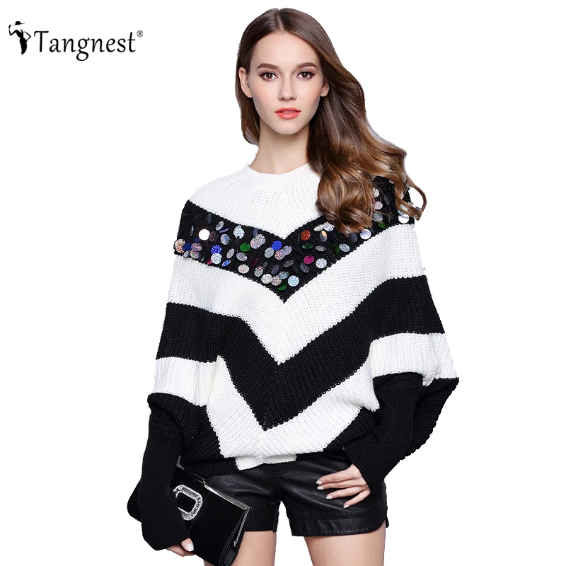 TANGNEST Femmes Noir et Blanc Rayé Tricoté Chandail 2017 Automne Hiver ...