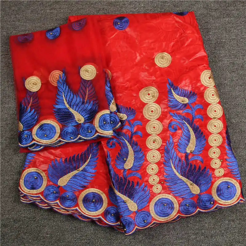 2018 Red Color African Bazin Riche Brode fabric with beads net lace ...
