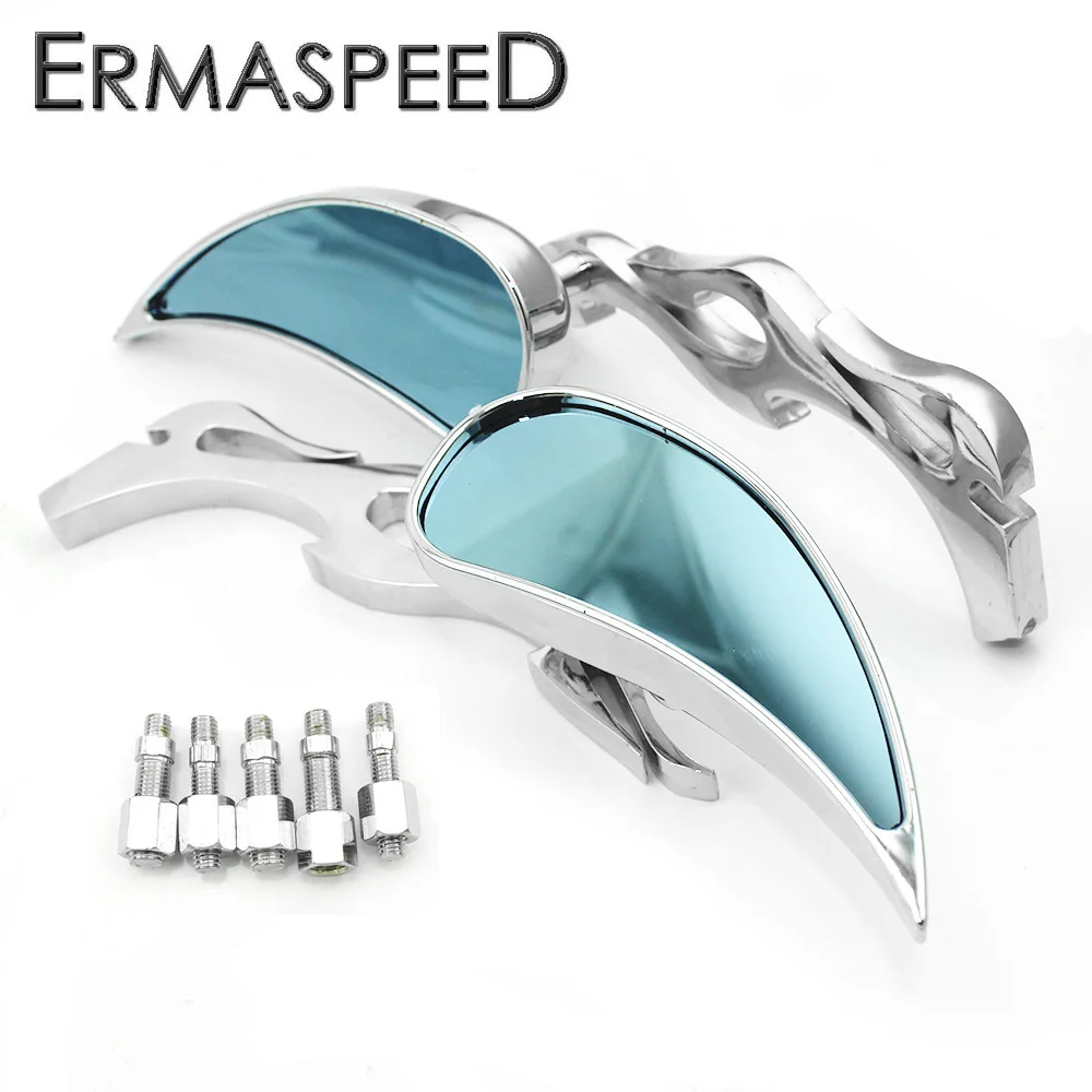 Chrome-Motorcycle-Rear-View-Side-Mirror-Flame-Fire-Aluminum-Blue-Lens ...