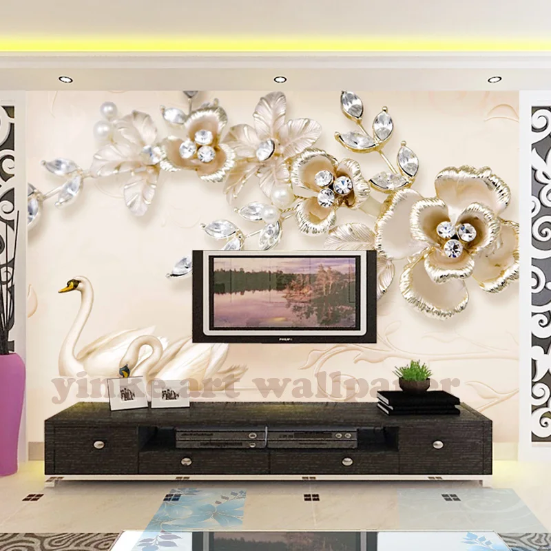 ที่กำหนดเองภาพจิตรกรรมฝาผนัง3d วอลล์เปเปอร์ Jewel Goose ดอก Ivy พืชตก