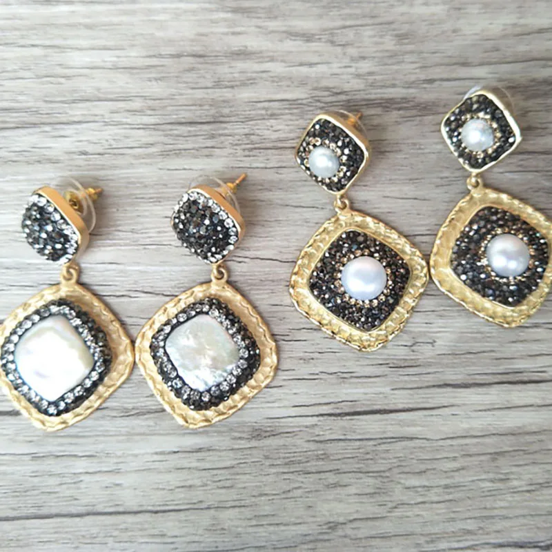 5pair square shaped gold color pave rhinestone crystal pearl dangle ...