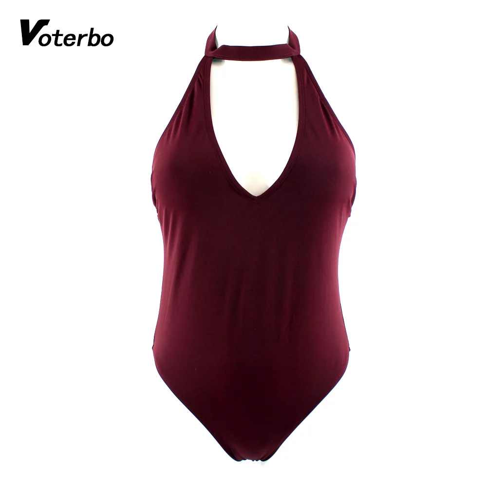 Voterbo Ladies Wine Red Deep V Neck Bathing Suit One Piece Swimwear ...