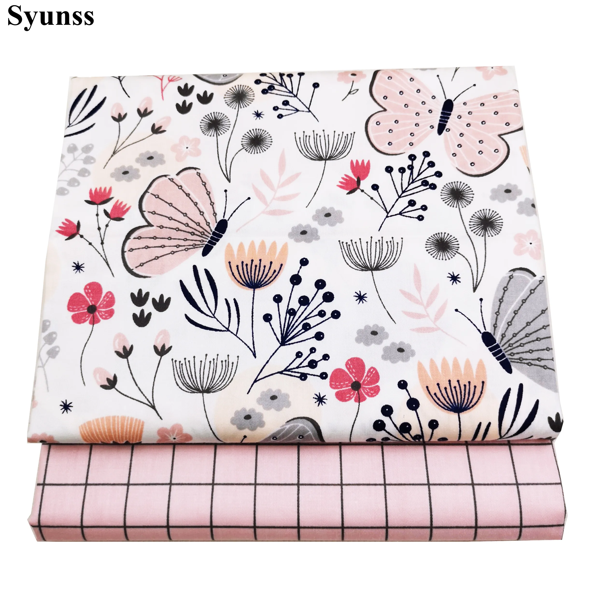 Syunss Pink Butterfly Grid Printed Cotton Fabric DIY Tissue Patchwork ...