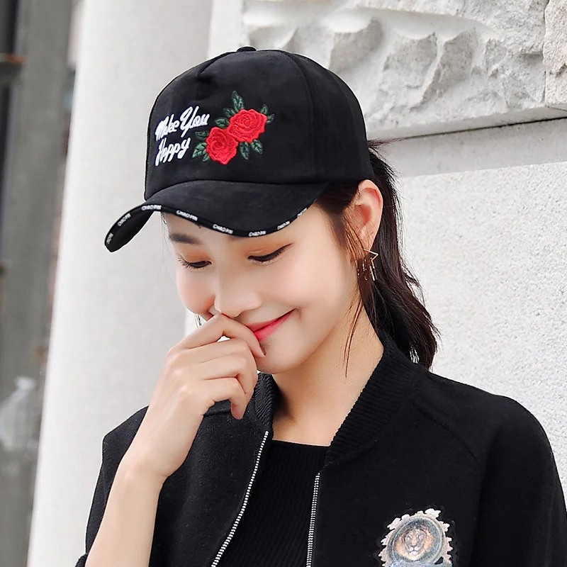 PTAH Embroidery Rose Flower Adjustable Suede Baseball Caps Women ...