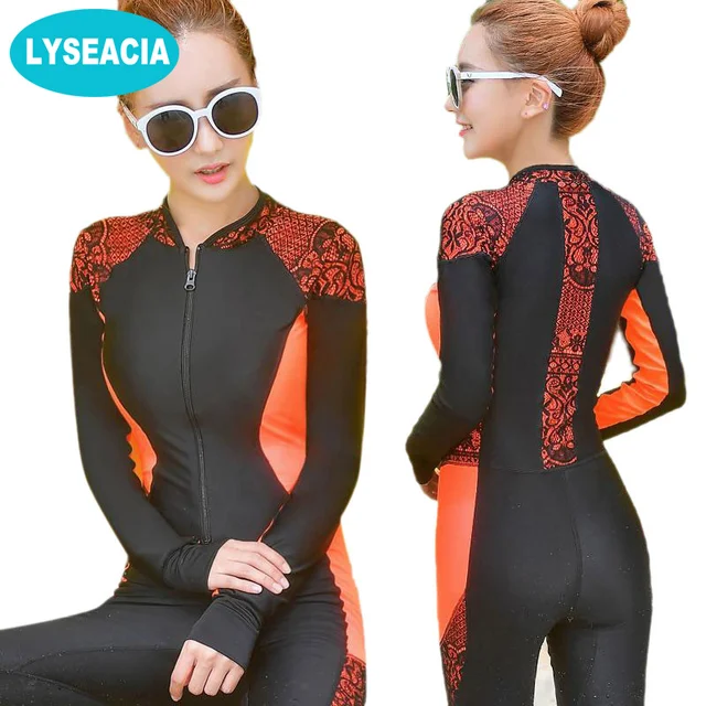 Lyseacia Women Wetsuit Zipper One Piece Swimsuit Long Sleeve Rashguard