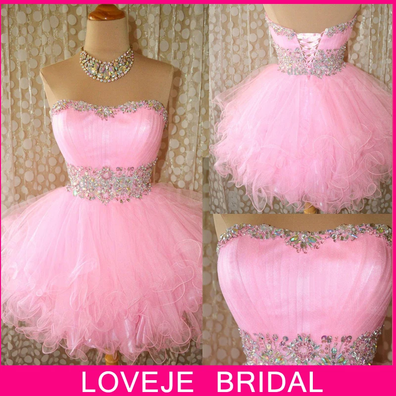 New Arrival Beaded Crystals Ruffle Organza Tutu Mini Short Pink Prom Dress In Prom Dresses From