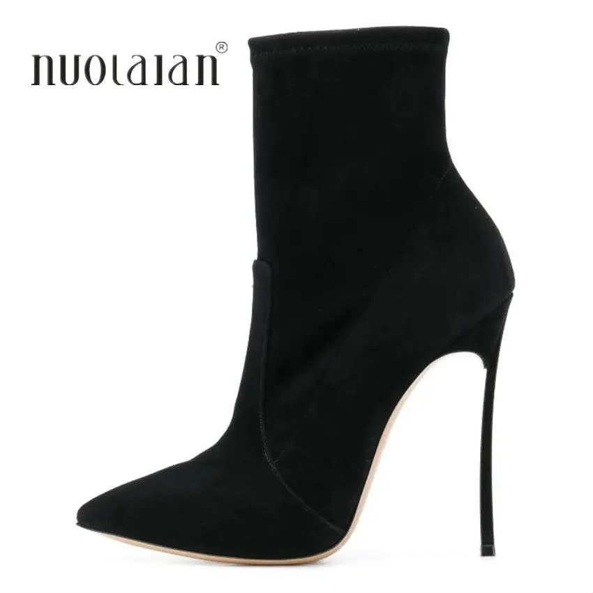 Women Boots Stretch Fabric Suede Ankle Boots For Women Pointed Toe High