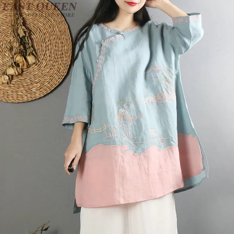 Traditional chinese blouse shirt tops for women mandarin collar ...
